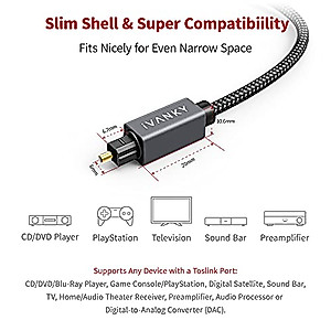 IVANKY Optical Audio Cable 10ft/3M, Slim Braided Fiber Audio Cable, Digital Optic Cord,Toslink Cable, Aluminum Shell, Gold-Plated for Sound Bar, TV, PS4, Xbox, Samsung, Vizio - CL3 Rated