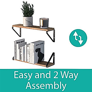 Wallniture Floating Shelves Bathroom Storage Wall Mount Home Decor Bedroom Kitchen Laundry Room Organizer with Black Brackets and Natural Burned Rustic Wood Shelves Set of 2