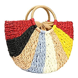 Summer Rattan Bag for Women Hand-woven Beach Top-handle Handbag Straw Rattan Tote Bags (Red and black multicolor)