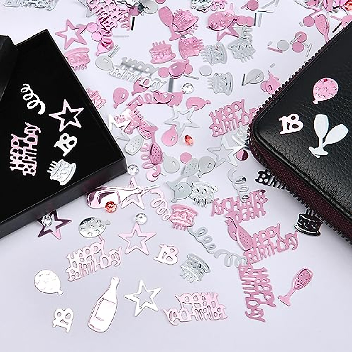 OSDUE 3000 Pieces Pink Gold Silver Happy Birthday Confetti, 18 Years Birthday Cake Confetti, Metallic Foil Balloon Confetti, Table Scatter Confetti Decoration Supplies, for Birthday Party (18th Style)