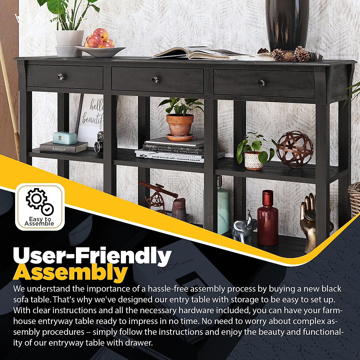 Venera Console Tables for Entryway - Solid Wood Espresso 58” Console Table with Storage - Small Entryway Table & Two Drawers for Living Room - Environmental-Friendly Behind Couch Table Skinny