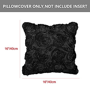 PiccoCasa 3D Flowers Throw Pillow Cover, Romantic Decorative Satin Cushion Cover, Stereo Roses Pillow Cover for Bed Sofa Couch, 16'' x 16'', Black