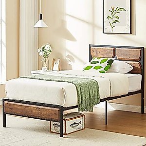 VECELO Twin Bed Frame Heavy Duty Metal Platform with Wooden Headboard Footboard Mattress Foundation 12 Strong Steel Slats Support Under Bed Storage/Easy Assemble