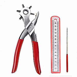 Adorox Heavy Duty 6 Size Revolving Leather Belt Hand Hole Puncher (Ruler & Deburring File Included)