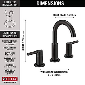 Delta Faucet Nicoli Widespread Bathroom Faucet 3 Hole, Matte Black Bathroom Faucet, Bathroom Sink Faucet, Drain Assembly, Matte Black 35749LF-BL