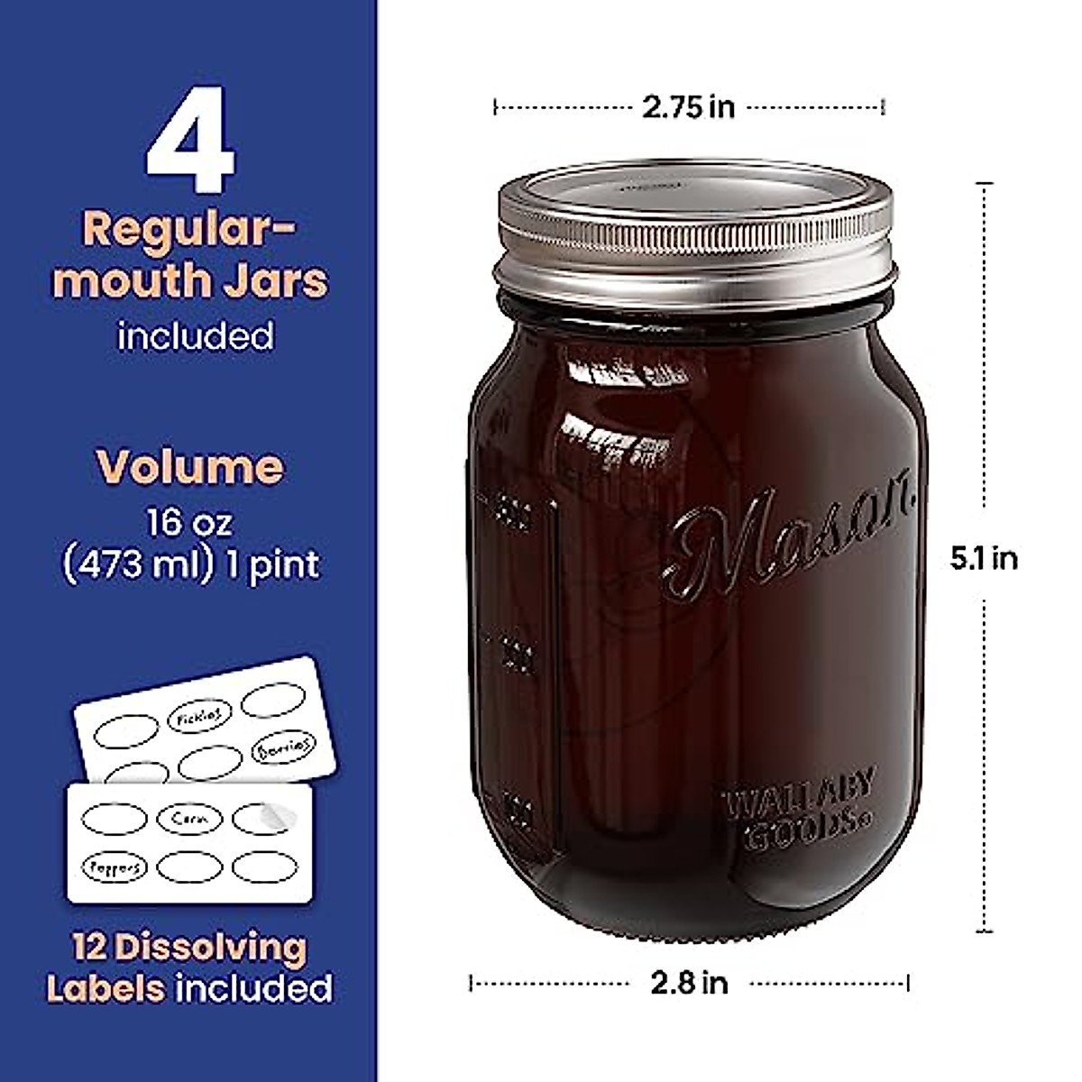 Wallaby 16oz Regular Mouth Amber Mason UV-Blocking Jars with Lid & Seal Bands - Airtight Glass Container for Canning, Pickling, Food Storage, Candles, Overnight Oats, Fruit, Jam, Jelly or DIY (4-Pack)