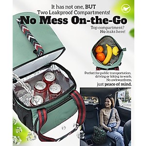 SUNNY BIRD Dual Compartment Lunch Bag Insulated Lunch Box for Women and Men (Green with boho strap)