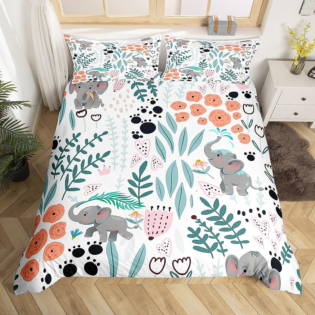 Erosebridal Kawaii Elephant Bedding Set,Cartoon Elephant Duvet Cover Twin,Cute Love Heart Leaf Flower Comforter Cover for Kids Girls Boys,Paw Print Animals Bed Set with 1 Pillow Case