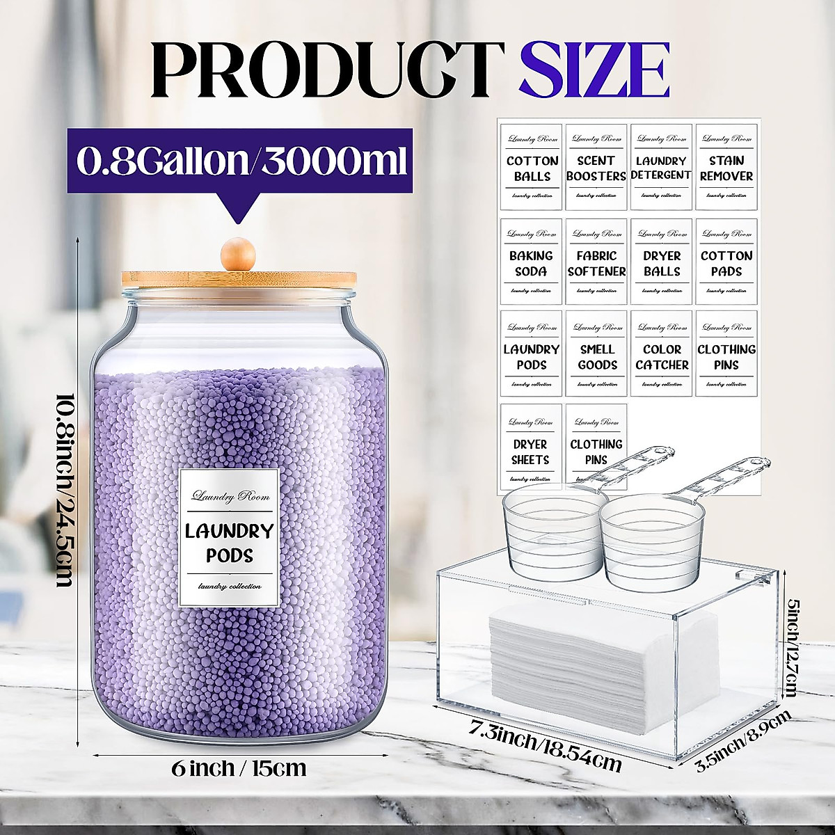 SiliFine 2 Pcs Glass Jars for Laundry Room Organization and Storage 0.8 Gallon Laundry Pods Container with Airtight Bamboo Lid, Acrylic Dryer Sheet Holder with Lid 14 Labels and 2 Scoops for Detergent