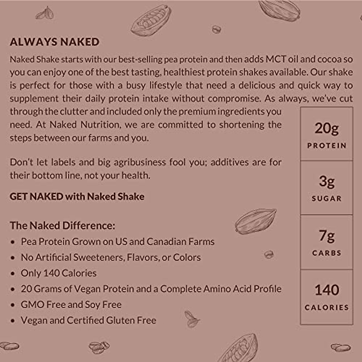 Naked Shake - Chocolate Protein Powder - Plant Based Protein Shake from US & Canadian Farms with MCT Oil, Gluten-Free, Soy-Free, No GMOs or Artificial Sweeteners - 30 Servings