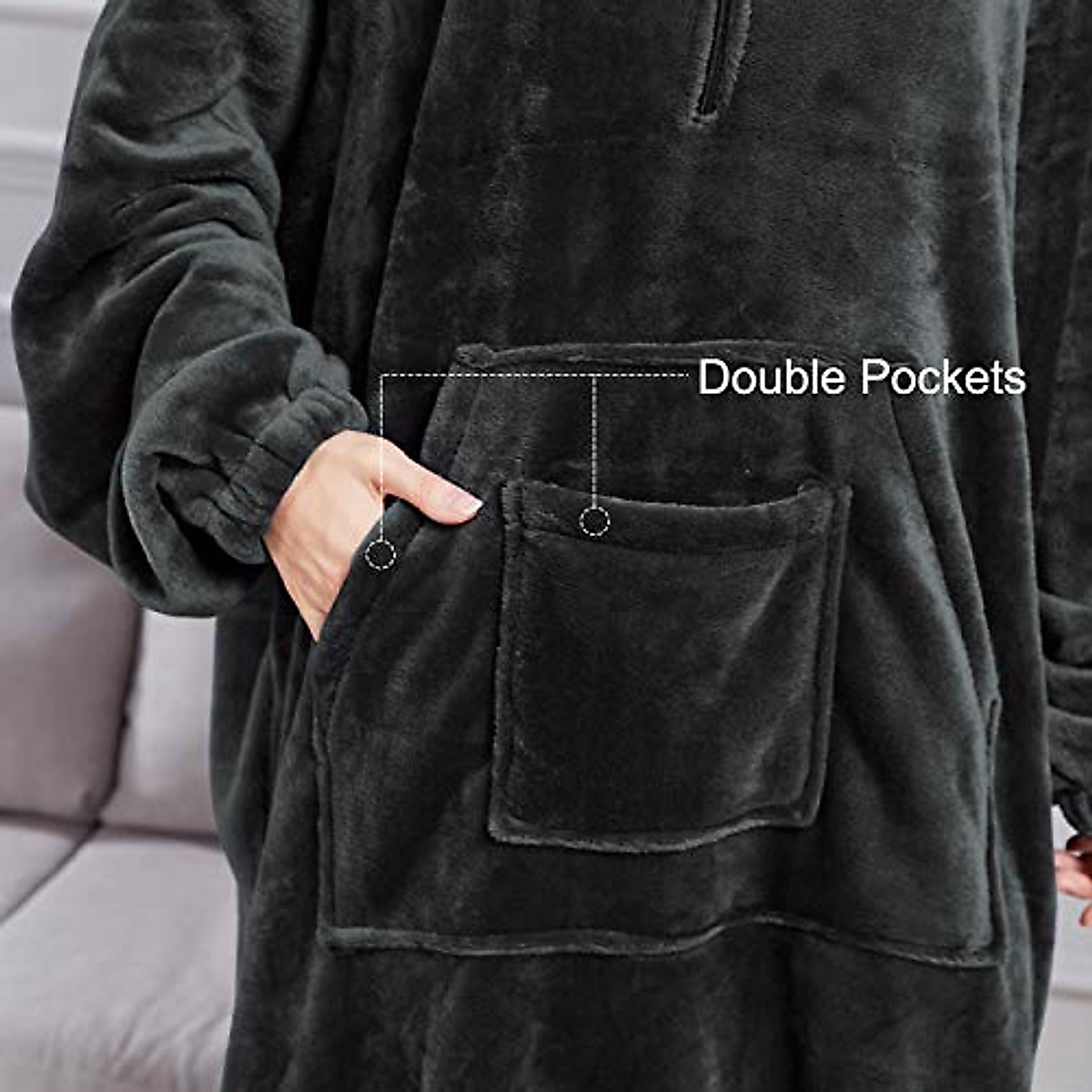 Hilarocky Blanket Hoodie Oversized Fleece Wearable Blanket Flannel Sweatshirt Blankets with Large Double Front Pocket, Quarter-Zippers Ultra Cozy Plush Blanket for Dark Grey