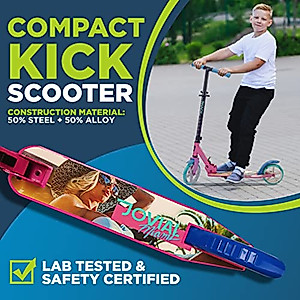 Jovial 2-Wheel Folding Kick Scooter - Compact Foldable Riding Scooter for Teens w/Adjustable Height, Alloy Anti-Slip Deck, 7” Wheels, Mud Guard Front Wheel, for Kids Boys/Girls 8+ Yrs Old (Miami)