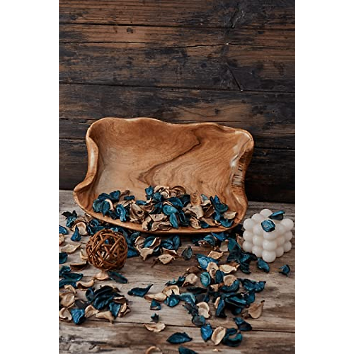 Wavy Live Edge Wooden Bowls for Decor+Wood Beads Garland, Handmade Key Bowl For Entryway Table Decor, Wood Bowls Decorative Wooden Fruit Bowl, Hand Carved Root Centerpiece Display Potpourri Wood Bowl