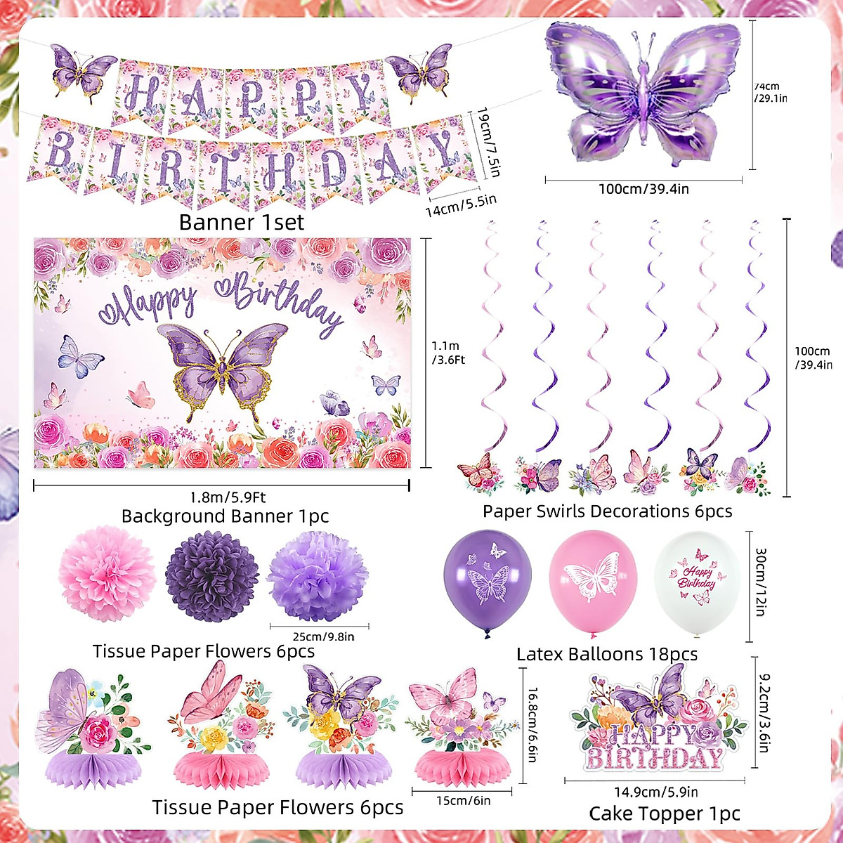 Roetyce Butterfly Birthday Decorations, 37PCS Butterfly Happy Birthday Banner Balloons Honeycomb Centerpieces Cake Topper Kit, Purple and Pink Birthday Party Decorations for Girls Women