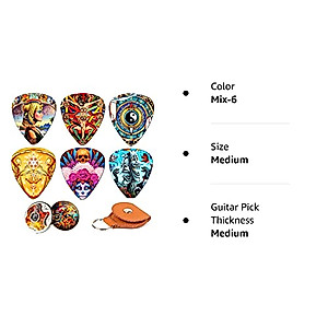 THIVENNY Guitar Picks 12 Medium Pack with Leather Picks Holder and Tin Box,Unique Artistic Celluloid Guitar Pick for Bass Electric Guitar Acoustic Guitar Lovers Gift (Mix-6) (1002-1)