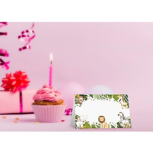 Table Place Card, Jungle Safari Animals Themed Tent Style Cards, Pack of 25 Half-Fold Reception Place Card, Wild Animal Food Labels, Perfect for Baby Shower, Birthday Party C04