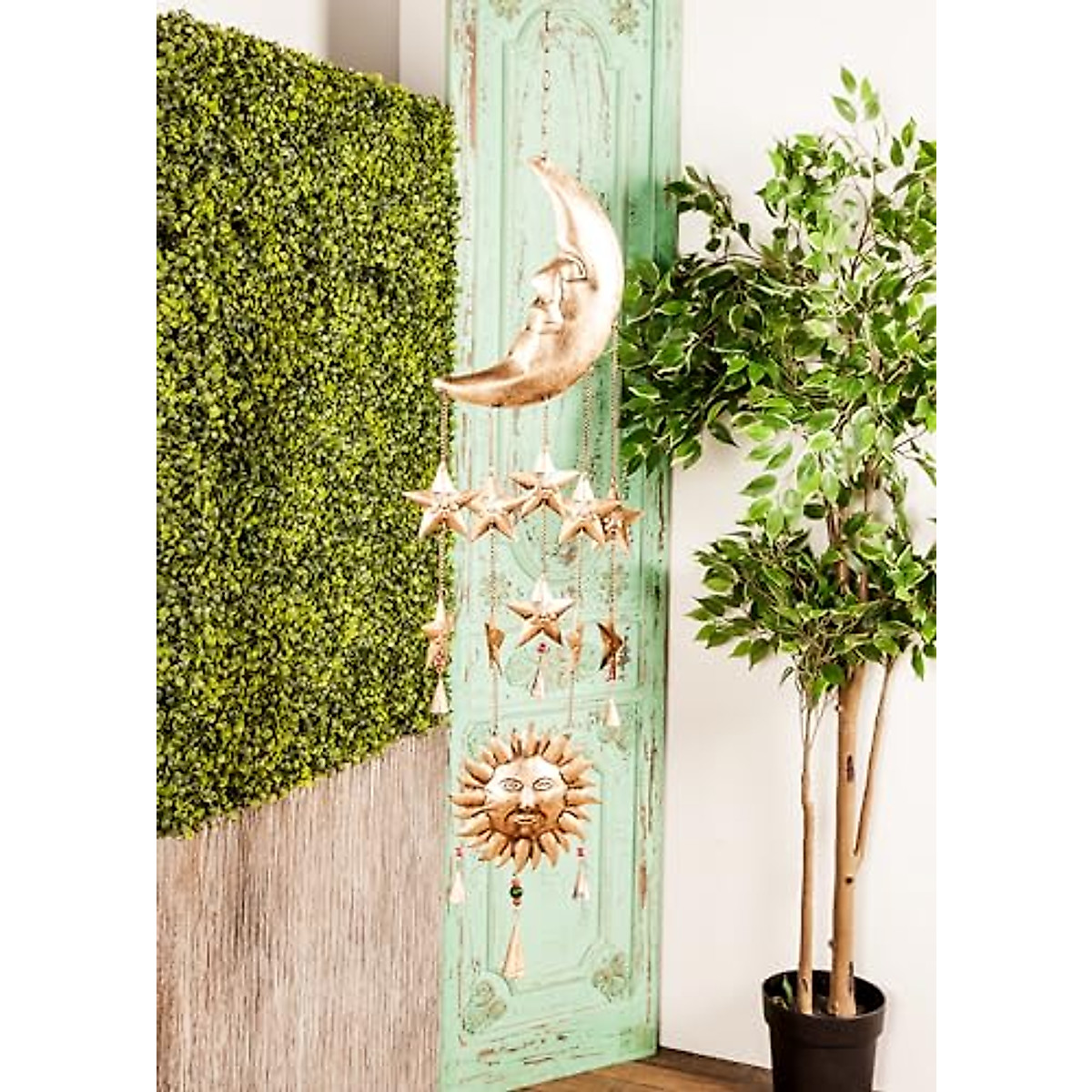 Deco 79 Metal Sun and Moon Windchime with Glass Beads and Cone Bells, 9" x 1" x 39", Gold