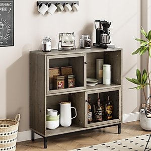 IDEALHOUSE Coffee Bar Cabinet, Farmhouse Sideboard Buffet Cabinet with Storage, Wine Liquor Bar Cabinet with Metal Sliding Door, Wood Accent Cabinet for Kitchen, Dining Room, Living Room, Grey