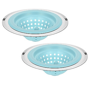 uxcell Silicone Sink Strainer, 2Pcs Kitchen Sink Drain Strainer Stopper with Detachable Stainless Steel Edge 4.4" Diameter Rim, Blue