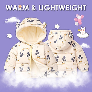 Happy Cherry Baby Padded Cotton Jackets Down Coat Hooded Long Sleeve Zipper Jackets with Cute Ear Hoodie Soft Thermal Lightweight Winter Clothes Beige Ballon 2-3T