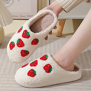 JAMANDUO Women's Men's Cute Retro Strawberry Slippers Cherry Slippers Mushroom Slippers Fruit Plush Soft Memory Foam House Home Shoes 43-44