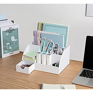 Office Desk Organizer, White Acrylic, with Drawer, 9 Compartments, All in One Office Supplies and Cool Desk Accessories Organizer, Pen Holder, Enhance Your Office Decor Desktop Organizer (White)
