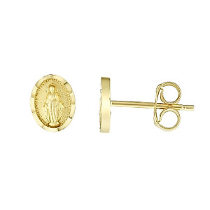 14k Yellow Gold Mini Miraculous Virgin Mary Small Oval Stud Post Earrings (8x6mm)