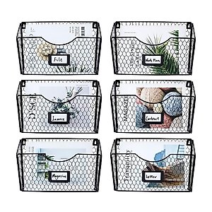PAG 6 Pockets Hanging File Holder Wall Mount Mail Organizer Metal Chicken Wire Magazine Rack with Tag Slot, Black