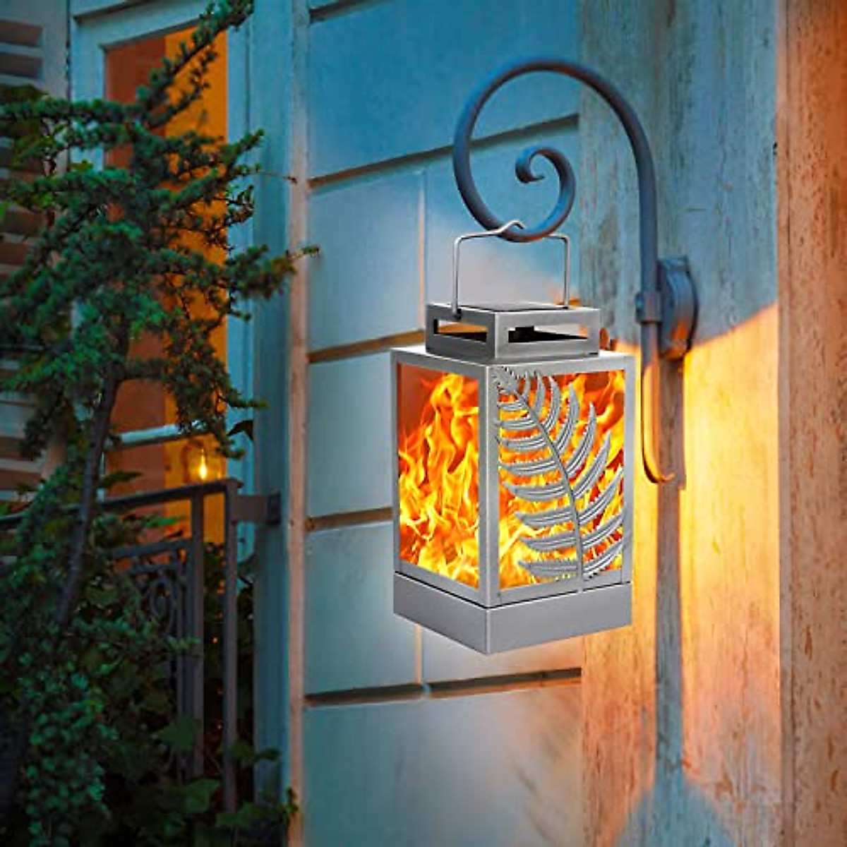 Walensee Solar Lights Outdoor with Flickering Flame (2Pack Grey) Upgrade Metal Solar Powered Lantern Landscape Leaf Decorative Hanging Lighting Waterproof LED Umbrella Light for Patio Garden Deck Yard