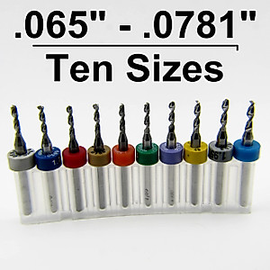 Ten Size Solid Carbide Drill Bit Set .065" - .0781" 1.65-1.98mm .065, 067/#51 .0689"/1.75mm .070"/#50 .0709"/1.80mm .073"/#49/1.85m .0748" 1.90mm .076"/#48 .0768"/1.95mm 5/64"/.0781"1/8" Shanks