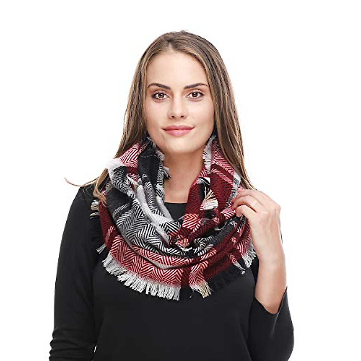 Lucky Leaf Women Winter Checked Pattern Cashmere Feel Warm Plaid Infinity Scarf (L8-Black Burgundy)