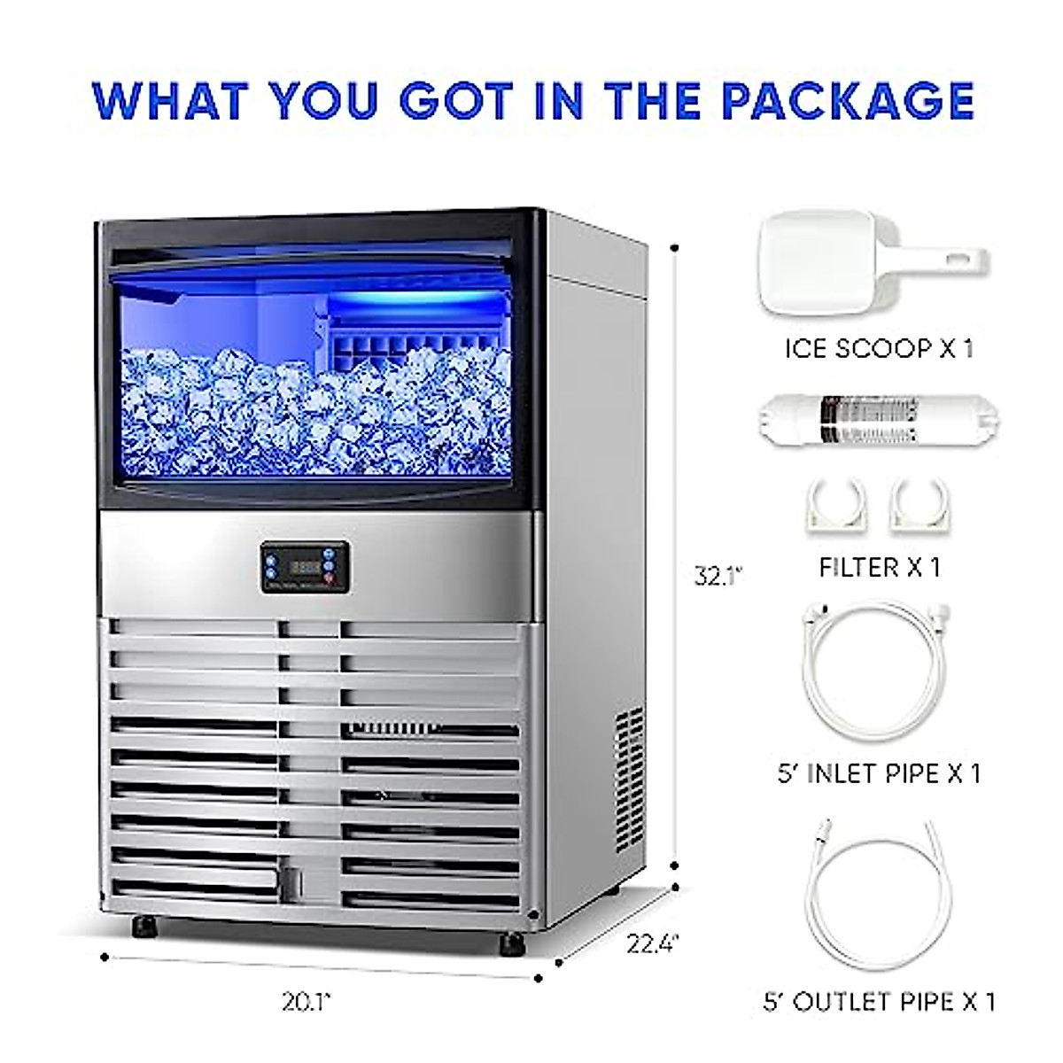 ICEJUNGLE Commercial Ice Maker, 88lbs/24H Ice Machine Self Clean, Stainless Steel Freestanding Ice Machine for Restaurant/Bars/Home/Offices Includes Scoop