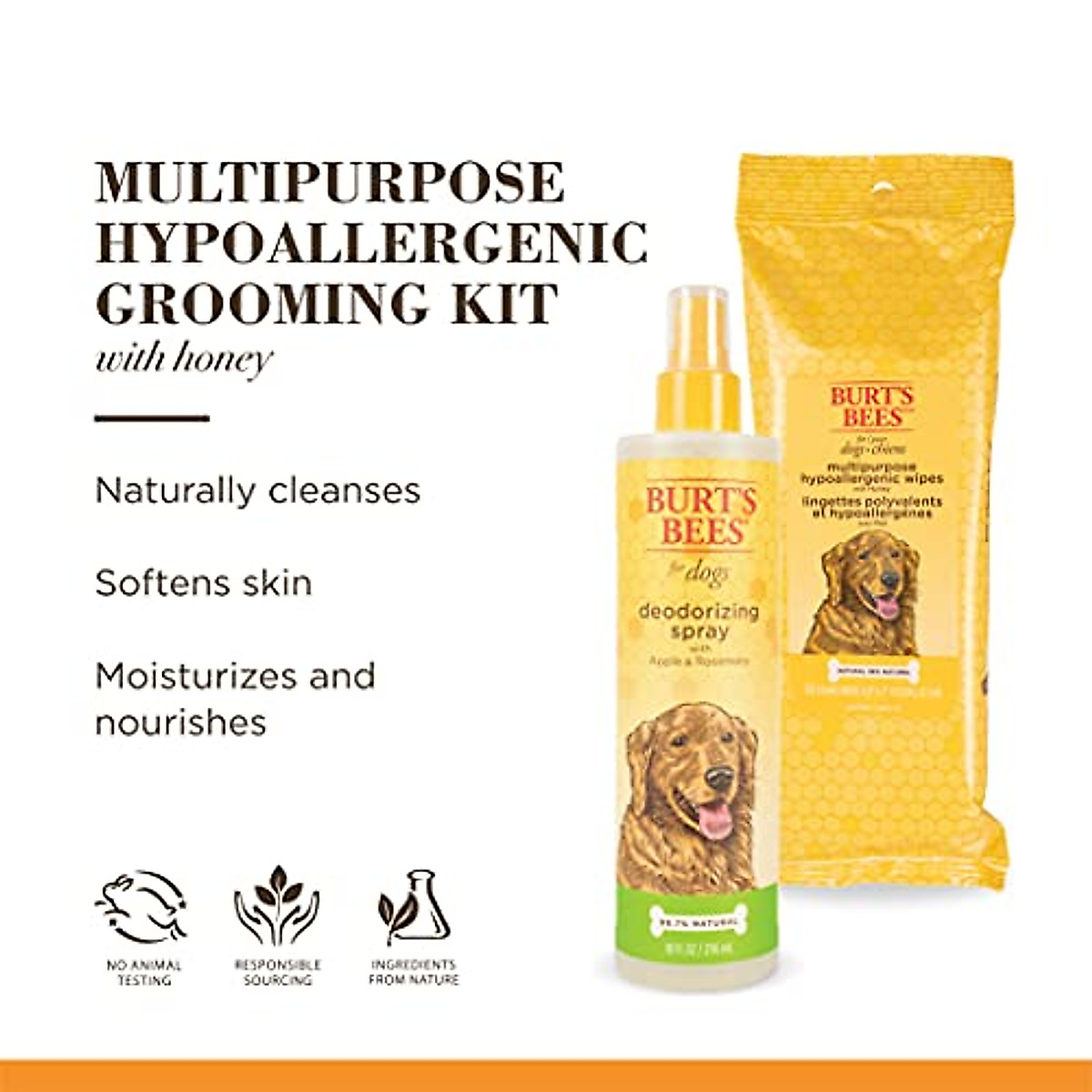 Burt's Bees For Dogs Multipurpose Hypoallergenic Grooming Wipes - Burts Bees Dog Deodorizing Spray, Dog Wipes For Cleaning, Burts Bees Dog Wipes, Deodorizing Spray for Dogs, Pet Wipes, Dog Spray