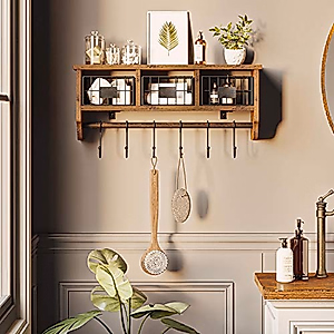 Rolanstar Wall Mounted Shelf with Hooks, Entryway Organizer Shelf with Storage Basket, Wall Mount Coat Rack with 6 Hooks, 24” Coffee Bar Hanging Shelf for Living Room,Bathroom,Kitchen,Rustic Brown
