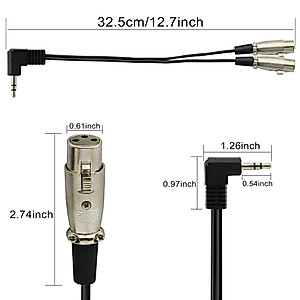 PNGKNYOCN 3.5mm to Dual XLR Y Splitter Cable 90 Degree 1/8" TRS Stereo to 2 XLR Female Microphone Cable for Professional Audio Equipment Such as Microphones, Recorders, etc.(30cm)