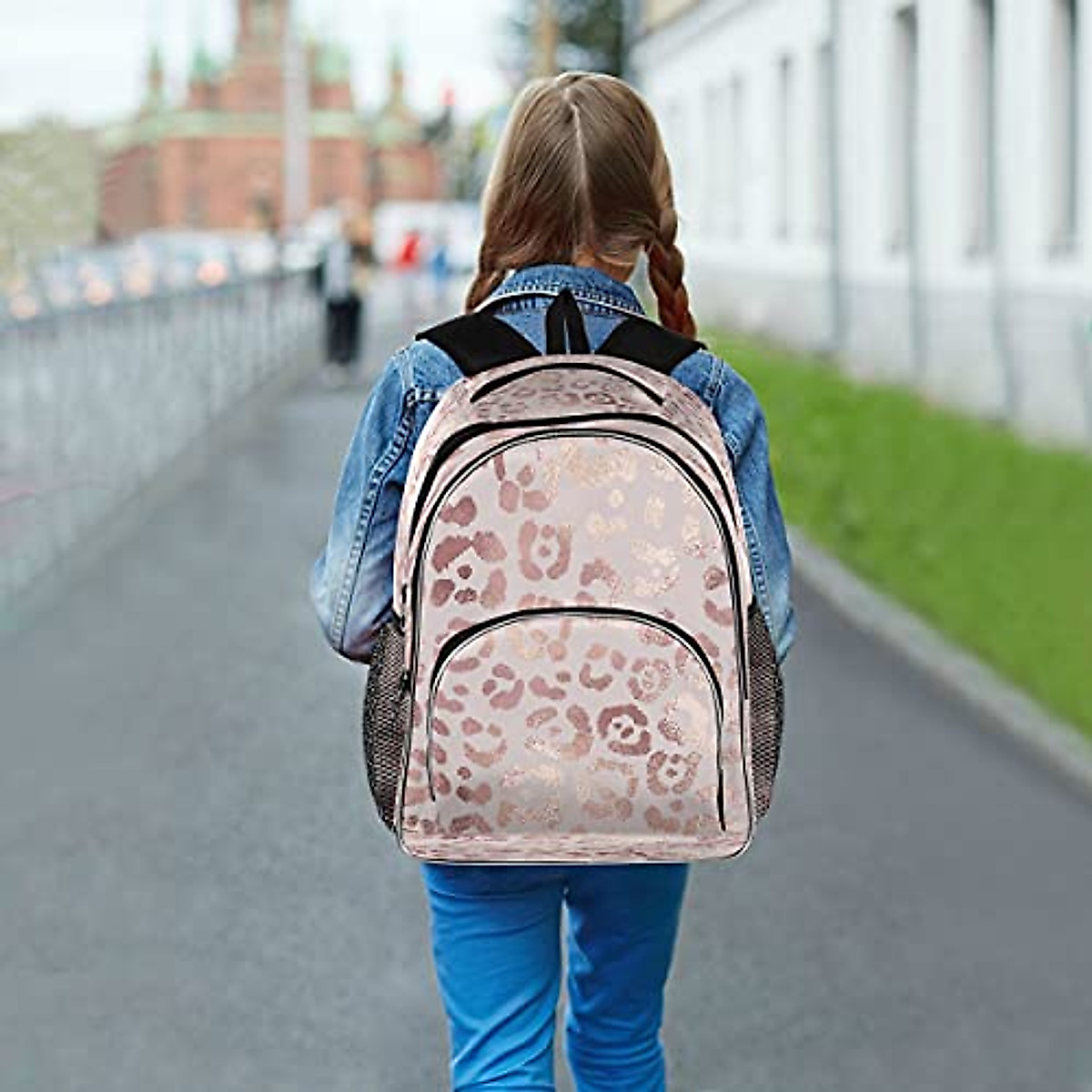 Backpack School Bookbag Leopard Print Cheetah Rose Gold Schoolbag with Water Bottle Pocket Medium