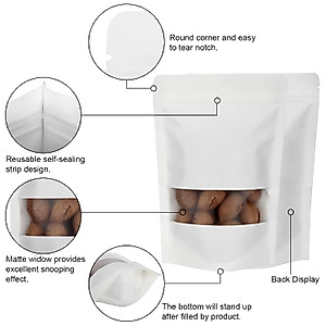 Blisstime White Kraft Stand Up Pouch Bags, 50 Pack Reusable Zip Lock Paper Pouches with Matte Window and Tear-away Notch for Multi-purpose Storage (3.9 X 5.9IN)