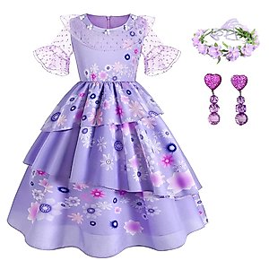 Yipkorra Encanto Mirabel Costume for Girls, Little kid Cosplay Isabella Outfit Princess Halloween Dress Up With Earrings (Isabela B, 7-8 Years)
