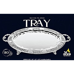 Silver Plated Menorah Tray with Handles - 16 Inch x 12 Inch - for Shabbos, Yom Tov, Hanukkah Drip Tray - Large Oval Silver Tray - Ner Mitzvah