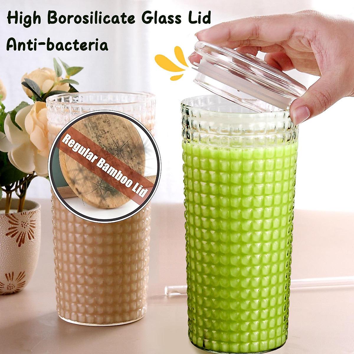 Birity Glass Cups With Lids and Glass Straws,24oz High Borosilicate Glass Tumbler Iced Coffee Smoothie Soda Water Tea Cup-Wide Mouth Reusable Mason Jar Drinking Glasses Travel Mug, Clear