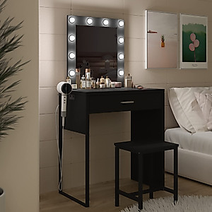 Titoni Makeup Vanity Desk with Mirror and Lights, Black Vanity Table and Chair Set, Brightness Adjustable, Small Vanity for Girls' Bedroom