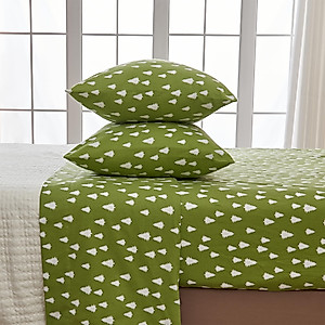 Great Bay Home 4 Piece 100% Turkish Cotton Queen Winter Lodge Flannel Sheet Set | Cotton Printed Bedding Sheets & Pillowcases | Double-Brushed Flannel Bed Sheets (Queen, Little Trees - Olive)