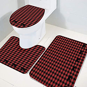 Bath Rugs for Bathroom Set 3 Piece-Buffalo Check Plaid Bear Black and Red,Non-Slip Washable Memory Foam Absorbent Bath Mat Runner Rugs for Tub Shower,U-Shaped Toilet Floor Mats,Toilet Lid Cover