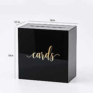 UNIQOOO Black Acrylic Wedding Card Box with Slot, Large 10x10x5.5 inch w/ Gold Foil | Wedding Receptions Wishing Well Money Box, Birthdays, Memory Box