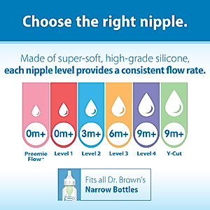 Dr. Brown’s Natural Flow® Level 4 Narrow Baby Bottle Silicone Nipple, Fast Flow, 9m+, 100% Silicone Bottle Nipple, 6 Pack