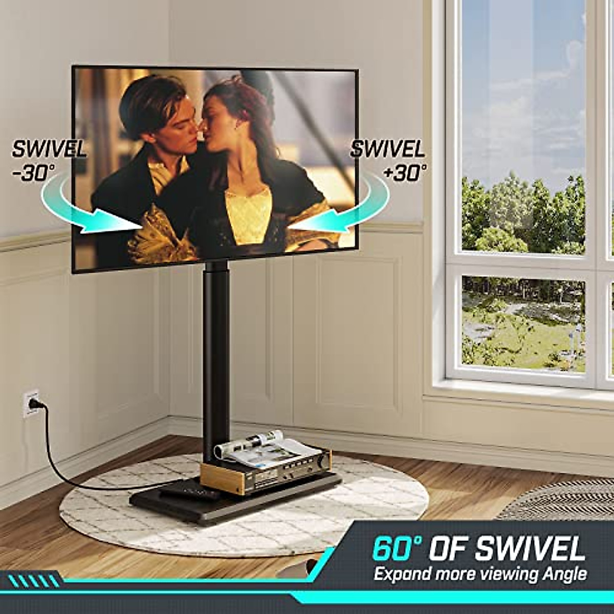 Greenstell TV Stand with Power Outlet, Universal Floor TV Stand for 32-70 inch TVs, Height Adjustable, Swivel Tall TV Stand with Soild Wood Base, Holds up to 110 LBs, Max VESA 600x400mm