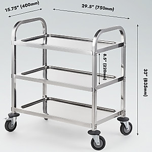 CURTA Stainless Steel Serving Trolley, 30" L x 16" W x 33" H 3 Tiered Shelf Kitchen Utility Cart, Rolling Casters Brake Wheel, Commercial Pro for Restaurant/Hotel/Lab/Clinic/Salon/Workshop