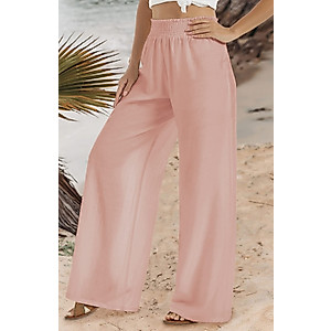 GIFTIME Beach Pants for Women - Smocked Lightweight Summer Flowy Pants for Women, Palazzo Pants for Women Dressy Casual, Wide Leg Pants for Women, High Waisted Pants for Women Latte XL