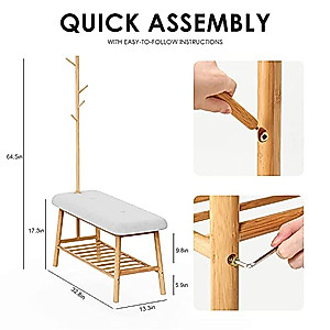 Bamworld Coat Rack Shoe Bench for Entryway, Hall Tree Bench with Storage, Bamboo 3-in-1 Design