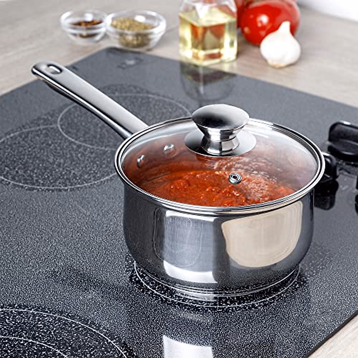 Ecolution Stainless Steel Sauce Pan with Encapsulated Bottom Matching Tempered Glass Steam Vented Lids, Made Without PFOA, Dishwasher Safe, 2-Quart, Silver